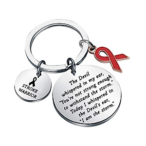 FUSTMW Stroke Awareness Keychain Stroke Warrior Gifts I Am The Storm Stroke Survivor Jewelry Recovery Gifts Red Ribbon Cancer Inspirational Gifts (silver)