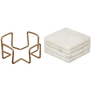 Queenza Marble Coasters with Holder, Set of 4 Gold Coasters for Drinks , 4 Inch Modern Coasters for Coffee Table - Natural White Coasters with Padded Bottom
