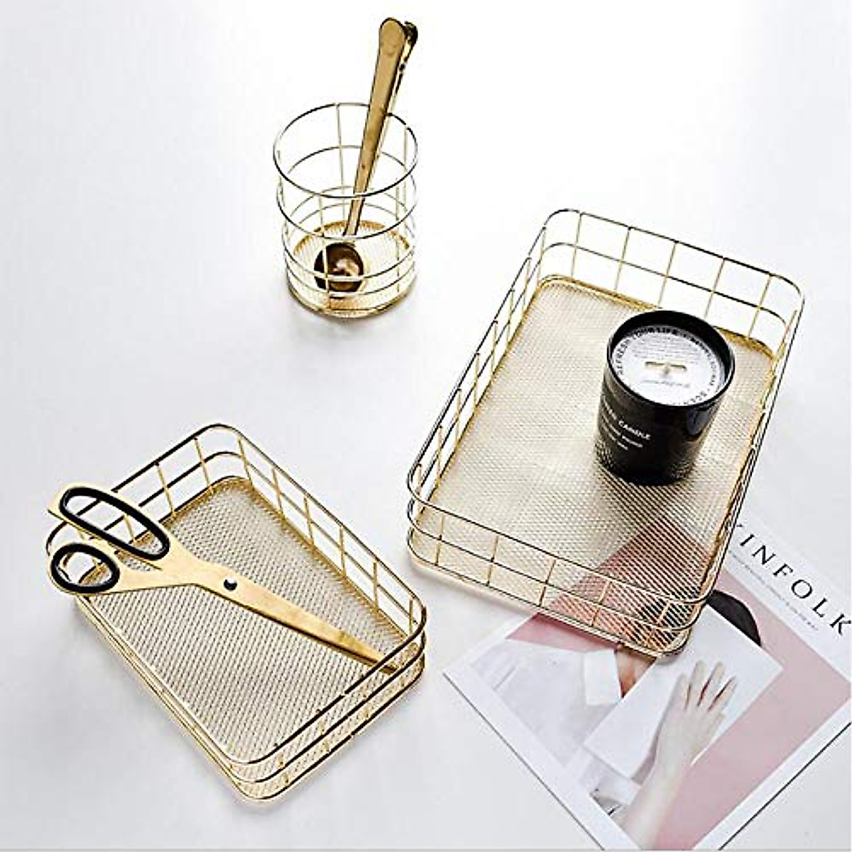GYY Gold Desktop Metal Storage Basket Storage Box Iron Grid Storage Tray Net Basket Storage Bins for Home Decoration (Large)