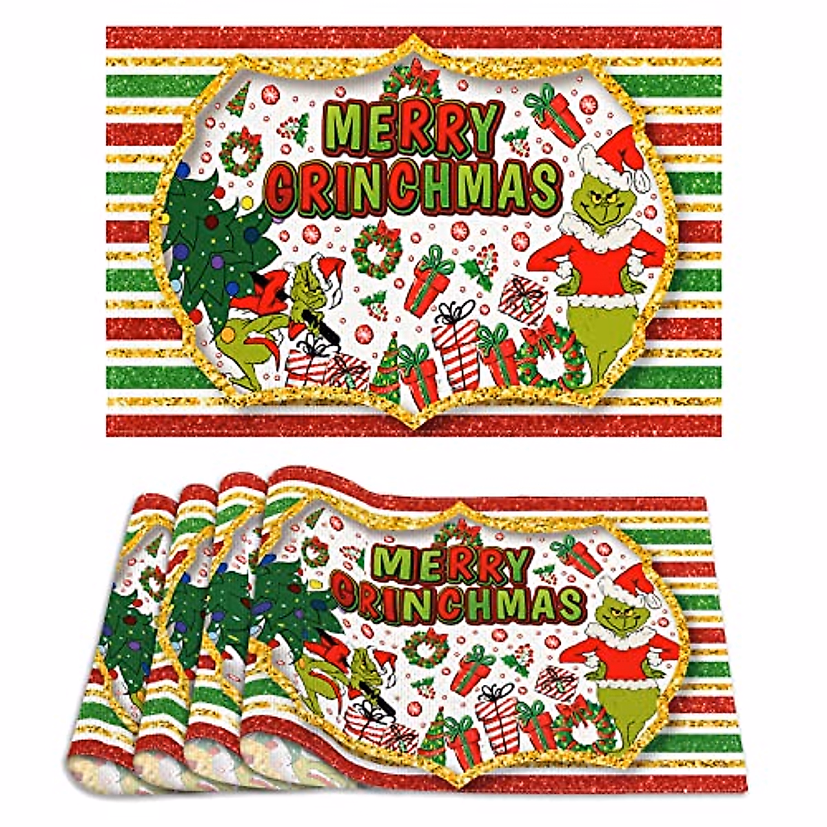 Linen Grinch Placemats Set of 4 Merry Grinchmas Table Mats Grinch Christmas Decorations and Supplies for Home Kitchen Table-12×18''