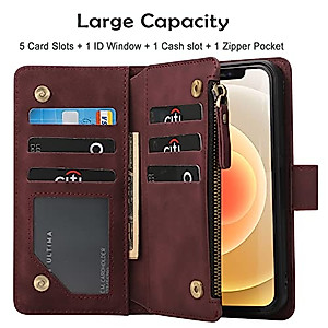 RANYOK Wallet Case Compatible with iPhone 13 (6.1 inch), Premium PU Leather Zipper Flip Folio Wallet RFID Blocking with Wrist Strap Magnetic Closure Built-in Kickstand Protective Case (Wine Red)