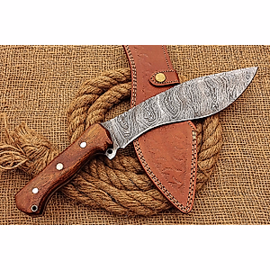 HUNTEX Handmade Hand-Forged Twist Pattern Damascus Steel 15 Inch Long Full Tang Natural Walnut Wood Handle Razor Sharp Hunting Camping Kukri Knife w/Genuine Leather Sheath