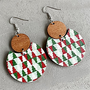 coadipress Colorful Christmas Plaid Round Wooden Dangle Earrings for Women Plaid Snowflake Deer Tree Flower Print Earrings Lightweight Wooden Earring Christmas Jewelry (Christmas Tree)