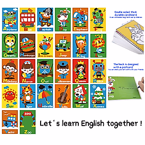 Sand Painting Art Kit with 26 Sheets of Various Alphabet A-Z Word Picture Cards & 12 Bottles of Colorful Sands, Preschool DIY Toys Educational Creative Activity Practice Craft Set for Kids