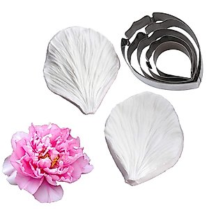 KALAIEN 5pcs Stainless Steel Peony Cutter 2pcs Fondant Silicone Mold Gumpaste Peony Sugarcraft Flower Veining Mold Veiner Petal Making Tool