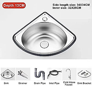 Kitchen Corner Sink, Single Bowl Stainless Steel Sink, with Drainer Unit And Tap, Triangle Bathroom Wash Basins for Outdoor Indoor, Garage, Laundry/Utility Room, Restaurant 34x34cm-depth13cm