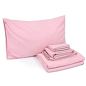 TILLYOU 5-Piece Solid Toddler Bedding Set for Boys or Girls, Bed-in-a-Bag Microfiber Comforter Set, Includes 1 Top Flat Sheet, 1 Mattress Sheets, 1 Padded Quilt and 2 Envelope Pillowcases, Pink