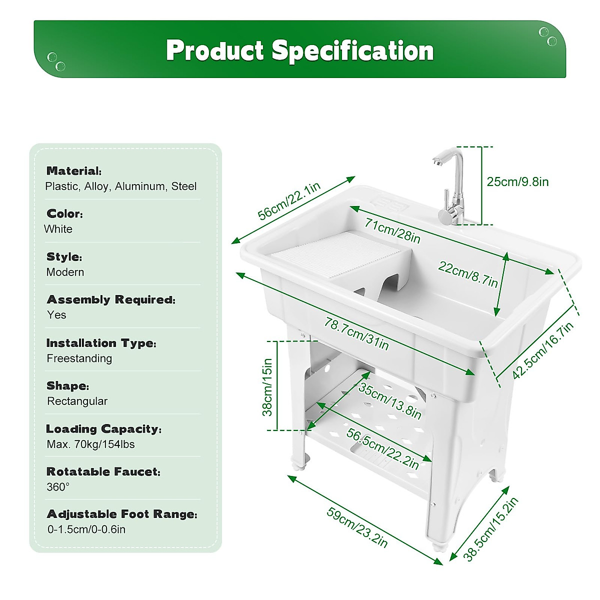 Utility Sink Laundry Tub, Freestanding Utility Sink,With Hot and Cold Faucet, Valves Drain Pipe, Heavy Duty Slop Sinks For Washing Room, Basement, Garage or Shop, Large Free Standing Wash (White)