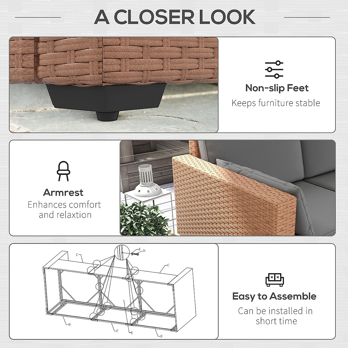 Outsunny Wicker Patio Couch, PE Rattan 3-Seat Sofa, Outdoor Furniture with Deep Seating, Cushions, Steel Frame, Sand