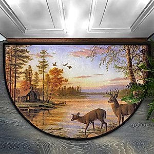 Pardick Forest Sunset Animal Deer Half Round Door mat Non-Slip Soft Half Circle Area Rug Washable Durable Decor Half Moon Hearth Rugs for Floor Indoor Living Room Bedroom Kitchen Fireplace Rug