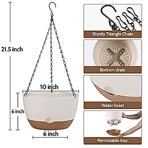 EURCRBU 2 Pack Hanging Planters for Outdoor Indoor Plants, 10 Inch Plastic Outdoor Hanging Planter, Hanging Flower Pots for Outside with Drainage Holes & Removable Saucer for Garden Home (Beige)