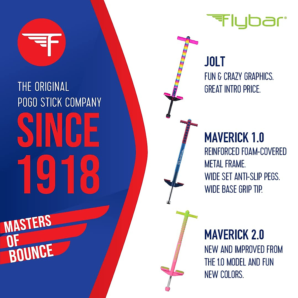 Flybar Maverick Pogo Stick for Kids Ages 5+, 40 to 80 Pounds, Perfect for Beginners, Easy Grip Handles, Anti-Slip Pegs, Outdoor Toys for Boys, Jumper Toys for Girls, Outside Toys for Kids (Red/Blue)