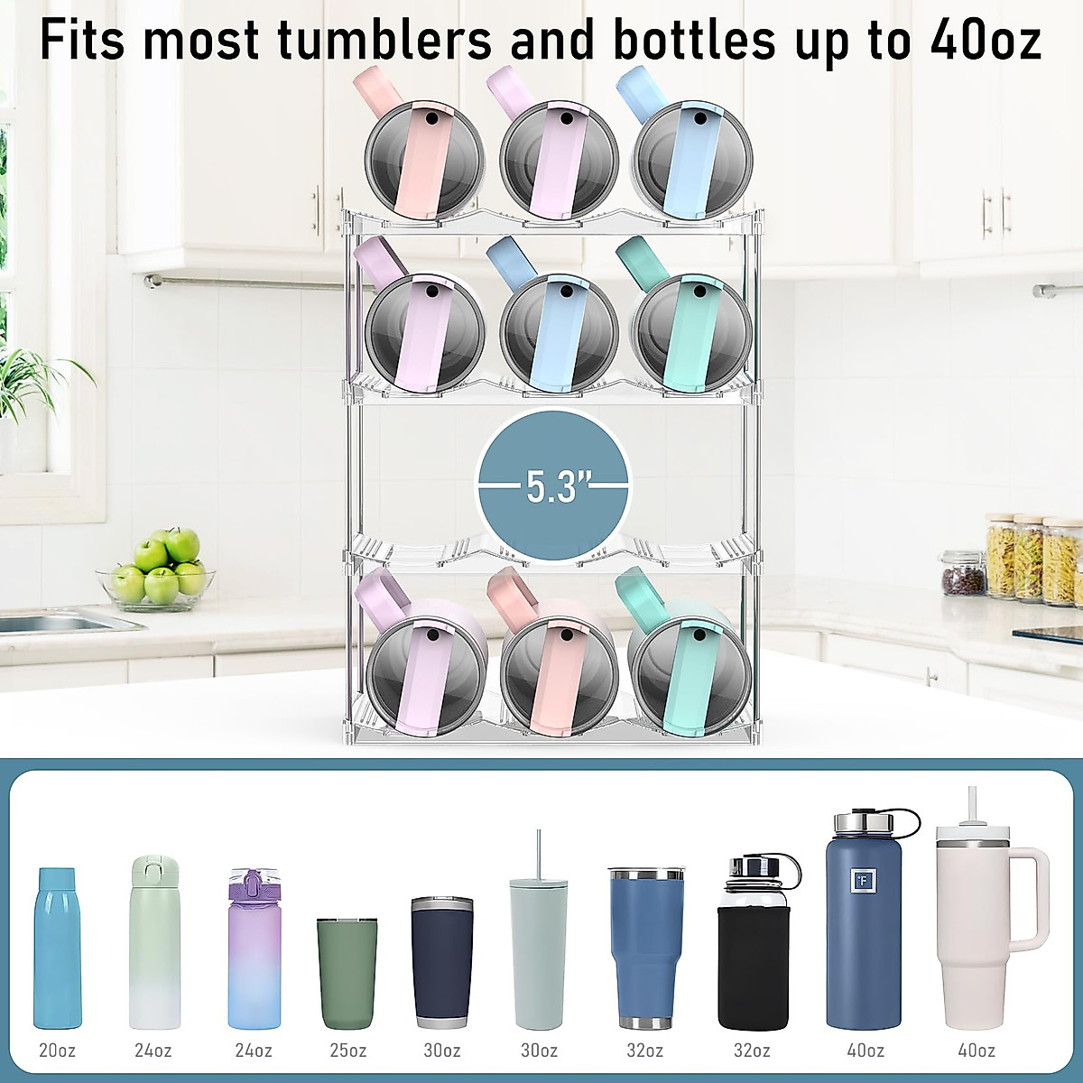【Upgraded Larger】Water Bottle Organizer for Stanley 40 oz Tumbler with Handle, Stanley Cup Organizer for Cabinet, Kitchen Organizers and Storage for Stanley Cup Accessories, Tumbler Mug Cup Hold 12