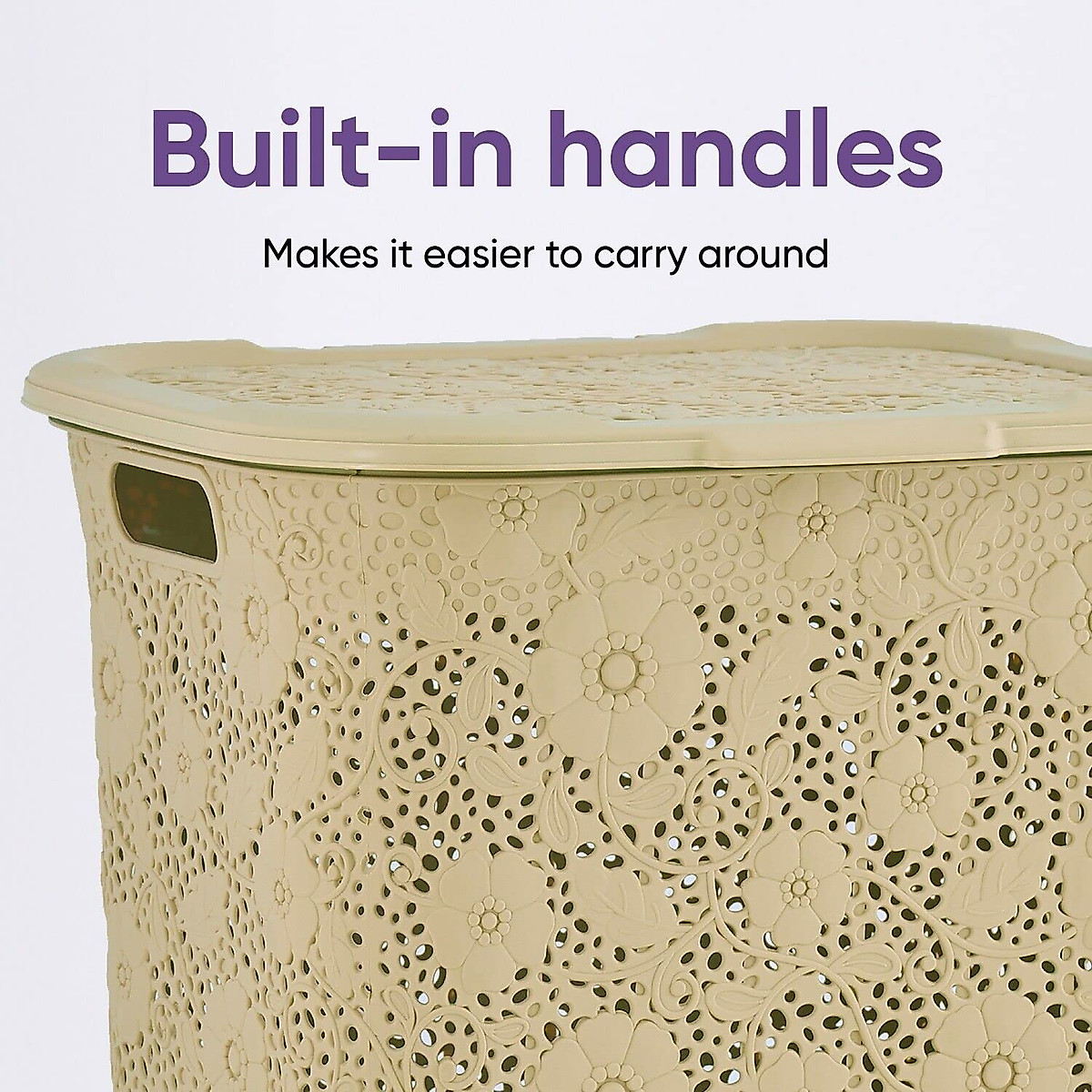 Superio Laundry Hamper with Lid Lace Design 50 Liter – 2 Pack Laundry Hamper Basket with Cutout Handles, Rectangular Shape Modern Style Bin -Dirty Cloths Storage (Beige 2 Pack)