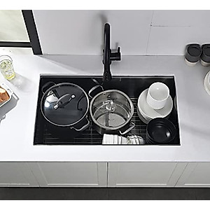 33 Black Undermount Kitchen Sink, 33x19x10 Inch 16 Gauge Black Stainless Steel Single Bowl Workstation Kitchen Sinks With Accessories BL34