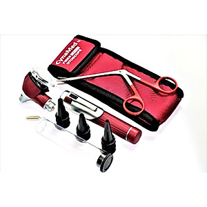 Premium Student Home Use Led Bright Light ENT Diagnostic Otoscope Pocket Size Burgundy Plus Alligator Ear Nose Forceps Plus 1 Extra Replacement Bulb Cynamed
