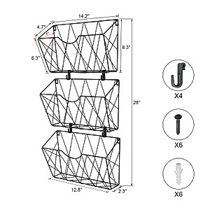 KEEGH Hanging Wall File Organizer Wall Mount File Folder 3 Pockets Wall Paper Organizer Mail Organizer Metal Wall Magazine Rack with Hooks