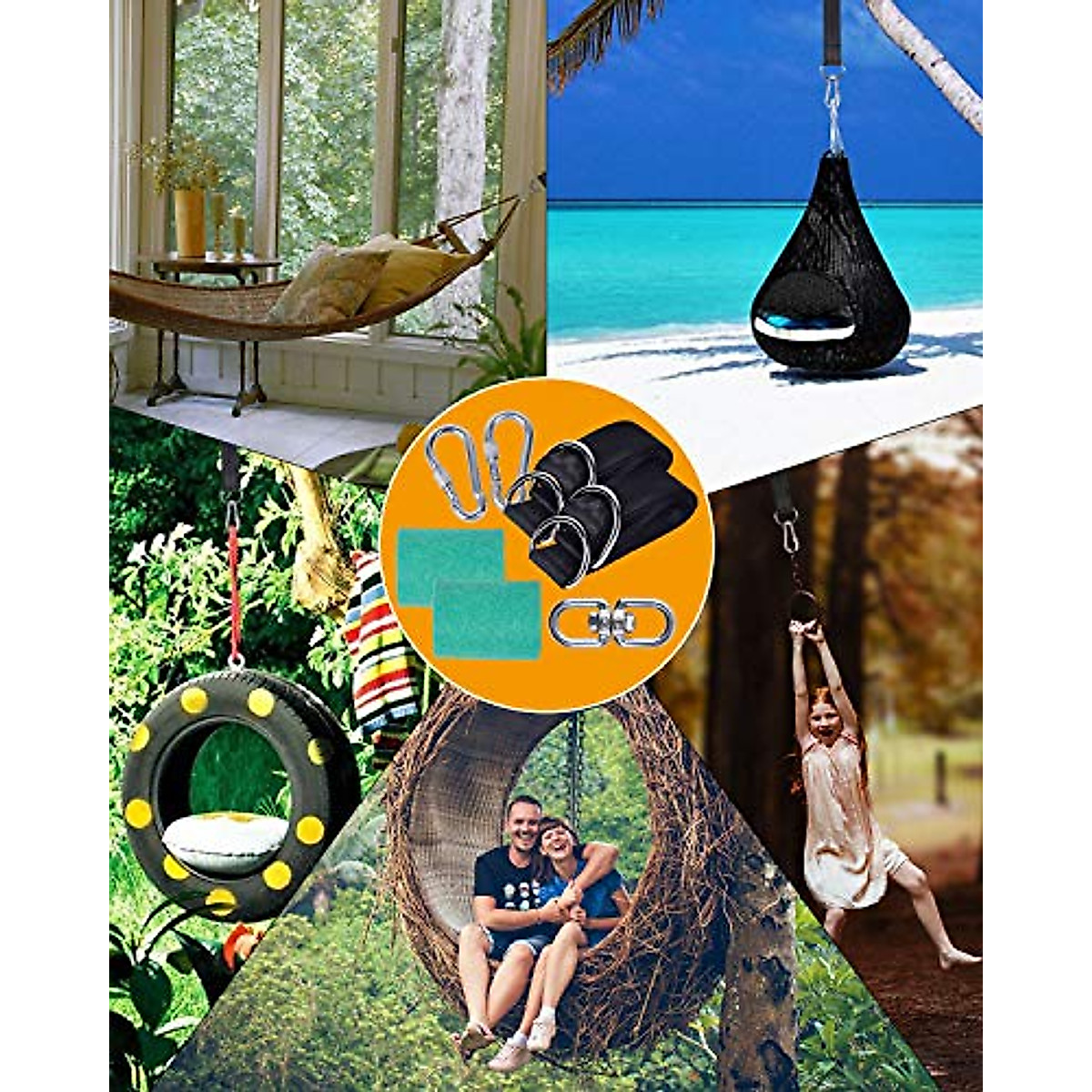 AISHN Tree Swing Straps Hanging Kit, Adjustable Hammock Straps(Set of 2), 2200Lbs Break Strength. 5ft Long with Tree Protector Sleeves, Swivel Strong Stainless Hook, Rustproof Screw Lock Carabiners