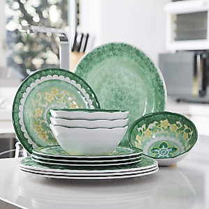 Cocorea Melamine Dinnerware Set, 12-Piece Unbreakable Plates and Bowls, Light weight for Outdoor Use, Green