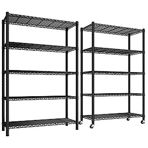 REIBII 72''W Wire Shelving Loads 2100LBS,5 Tier Metal Shelving with Adjustable Storage Shelves 36''W Garage Shelving Heavy Duty with Wheels Metal Shelves for Storage Rack 2PC,76''HX36''WX16''D