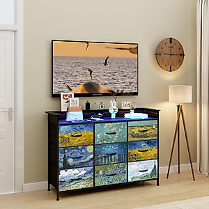 Welfuturer Dresser for Bedroom with 9 Drawers Van Gogh Dressers & Chest of Drawers Fabric Clothes Drawer Fabric Closet Organizer for Living Room Entryway Closet Nursery Sturdy Steel Frame Wood Top