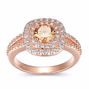 MORGAN & PAIGE 14K Rose Gold-Plated .925 Sterling Silver Champagne & White Cubic Zirconia 1/2" Cushion-Shaped Double-Halo Ring - Size 7