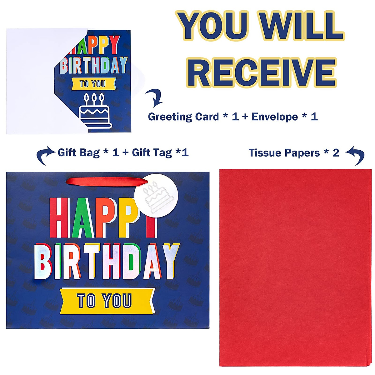 WRAPAHOLIC 13" Large Gift Bag with Card and Tissue Paper - Colorful Happy Birthday with Holographic Silver Foil