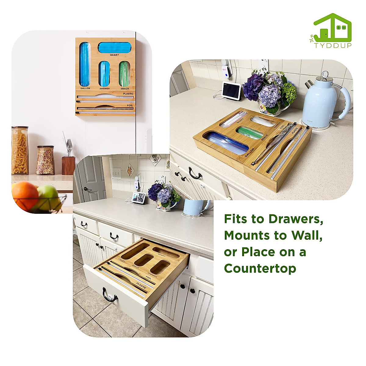 TYDDUP - 6 in 1 Ziplock Bag Organizer with Alum. Foil/Plastic Wrap Dispenser with Cutter & Labels for Kitchen Drawer |Bamboo Kitchen Organization |Compatible Gallons,Quarts,Snack,and Sandwich Bags.