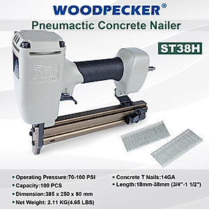 Woodpecker 14 Gauge Pneumatic Concrete Nail Gun ST38H with Safety Lock, 3/4-Inch to 1-1/2-Inch Length Air Power Concrete T Nailer Heavy Duty Concrete T Nails Gun for Packaging Woodworking Cabinet