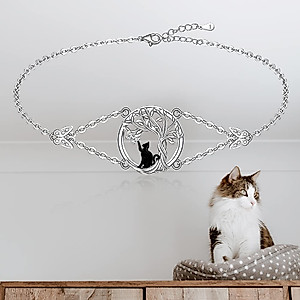 Black Cat Bracelet for Women Tree of Life Sterling Silver Cat Bracelets Black Cats Halloween Cats Lover Gifts