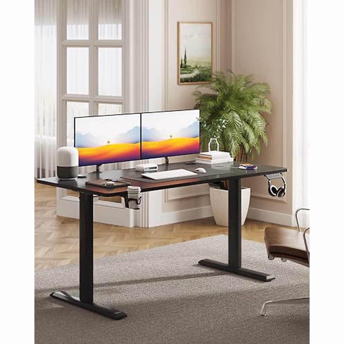 Shahoo Electric Standing Desk 55 Inch, Ergonomic Height Adjustable Table with T-Shaped Metal Bracket Modern Computer Workstations for Home Office, Black, 55x24 Inch