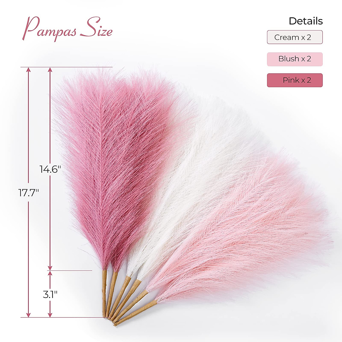 Serwalin Pampas Grass Pink 17.7 Inch 6pcs, Artificial Pampas Grass Faux Pink Pompas Grass Decor, Short Pompous Grass Blush Room Decoration, Wedding Party Centerpieces Valentine Mothers Day