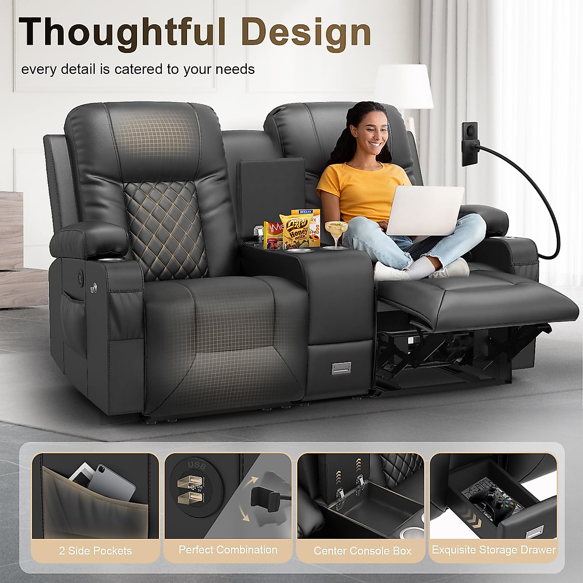 YONISEE Large Loveseat Recliner, Loveseat Recliner Sofa with Storage Console, Recliner Chair with USB Ports, 2 Cell Phone Holders, Cup Holder, Loveseat Couch for Living Room