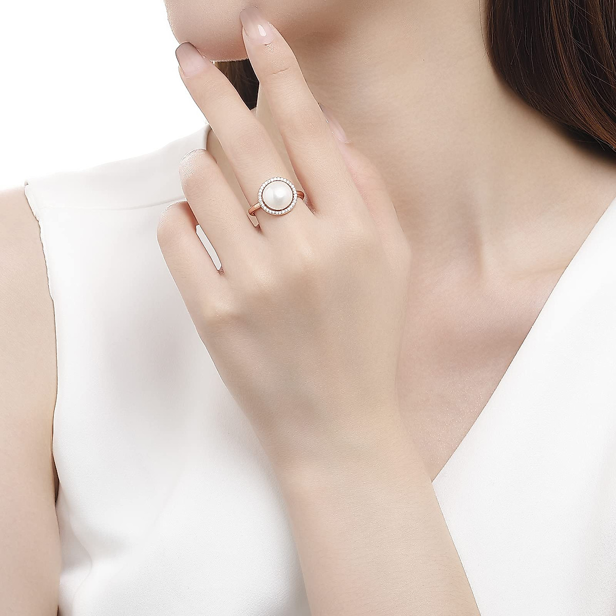 Qings Rose Gold Pearl Adjustable Ring - Sterling Silver June Birthstone Open Rings | Cubic Zirconia White Freshwater Cultured Pearl Stackable Rings for Teen Girls Women Wedding Party Jewelry Size 5-9