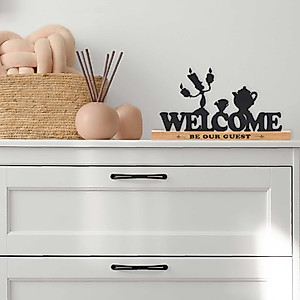 Disney Beauty and the Beast Welcome Be Our Guest Tabletop Decor - Lumiere, Chip, and Mrs. Potts Metal Silhouettes on Natural Wood Base