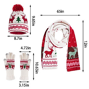 hoyuwak Knitted Hat Scarf Glove Set for Women, Pom Pom Beanie, Warm Gloves, Winter Scarf, Winter Set for Christmas Cold Weather Gift(White, Red)