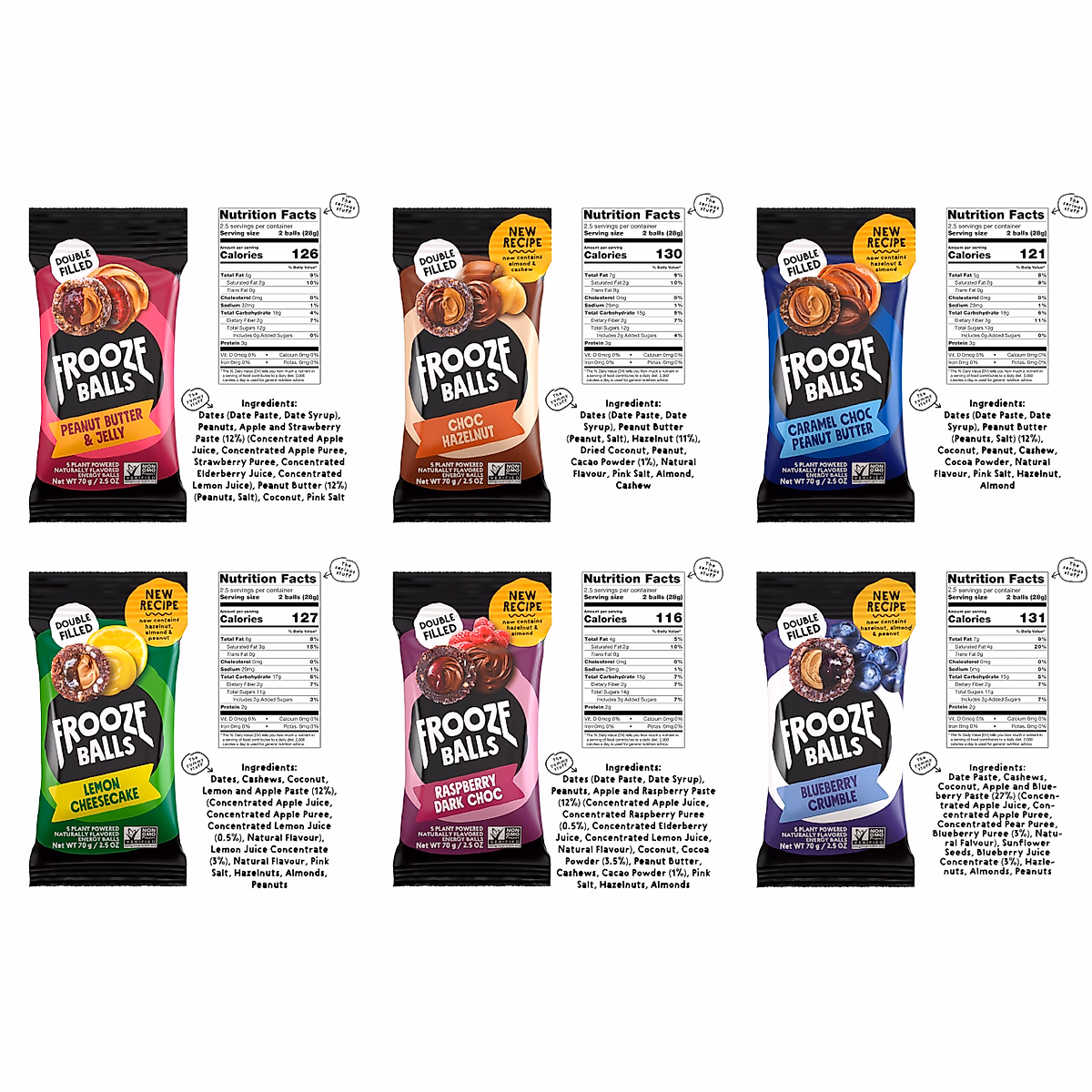 Frooze Balls Double-Filled Energy Balls Variety Pack - (6 bags, each with 5 balls) Healthy Vegan Snacks, Gluten-Free