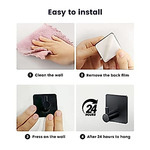 xdgeLoad Adhesive Hooks Black Matte Towel Hooks 4 Packs, Heavy Duty Waterproof Stainless Steel Wall Hooks, Stick on Hooks for Hanging Coat/Hat/Towel/Bathrobe/Key