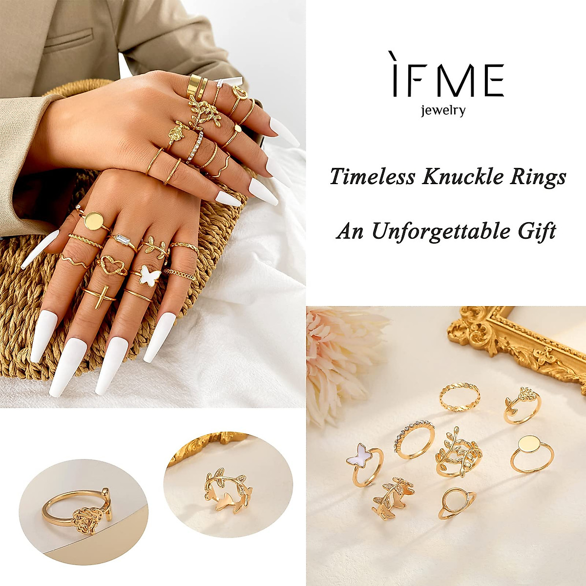 ÌF ME 24 Pcs Gold Vintage Knuckle Rings Set for Women, Boho Dainty Stackable Midi Finger Rings, Snake Butterfly Signet Fashion Ring Pack Jewelry Gifts. (24-pcs gold)
