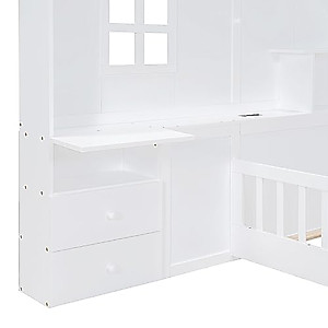 RORIGAT Wooden Twin Size House Bed with Window and Bedside Drawers, Platform Bed Frame with Shelves and a Set of Sockets and USB Port for Kids/Bedroom,White