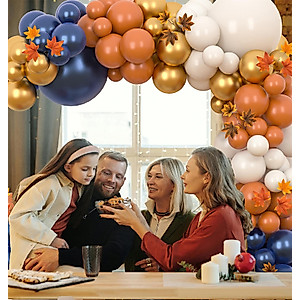 Fall Balloon Arch Kit Navy Blue Orange Sand White Metallic Gold Balloons Garland Maple Leaves for Thanksgiving Birthday Baby Shower Wedding Party Decorations