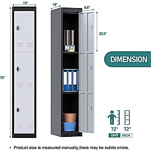 JAORD Metal Locker,3 Door Locker Storage Cabinet with Lock, 71" Steel Locker Organizer with Shelf for School,Home, Gym,Garage (3 Door Gray)