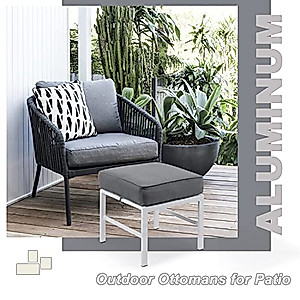 Auzfy 2 Pieces Outdoor Ottomans for Patio Set, Assembled Aluminum Outdoor Footstool with Gray Cushions, Small Seat Furniture for Porch Yard Garden Deck, Grey Frame