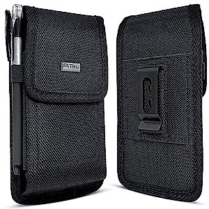PiTau Cell Phone Belt Holder for iPhone 14, 14 Pro, 13, 13 Pro, 12, 12 Pro, 11, XR Black Nylon Holster Case with Belt Clip Carrying Pouch Cover (Fits iPhone 14 13 12 11 with Protective Cases) Small