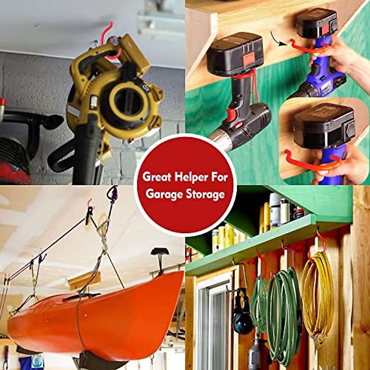 ROTHLEY Garage Hooks Heavy Duty : Bike Hooks for Garage Wall Ceiling Thickened Vinyl Coating Bike Hangers for Garage Large Screw in Storage Hooks Bicycle Hooks for Hanging in Garage (8 Pack,Red)