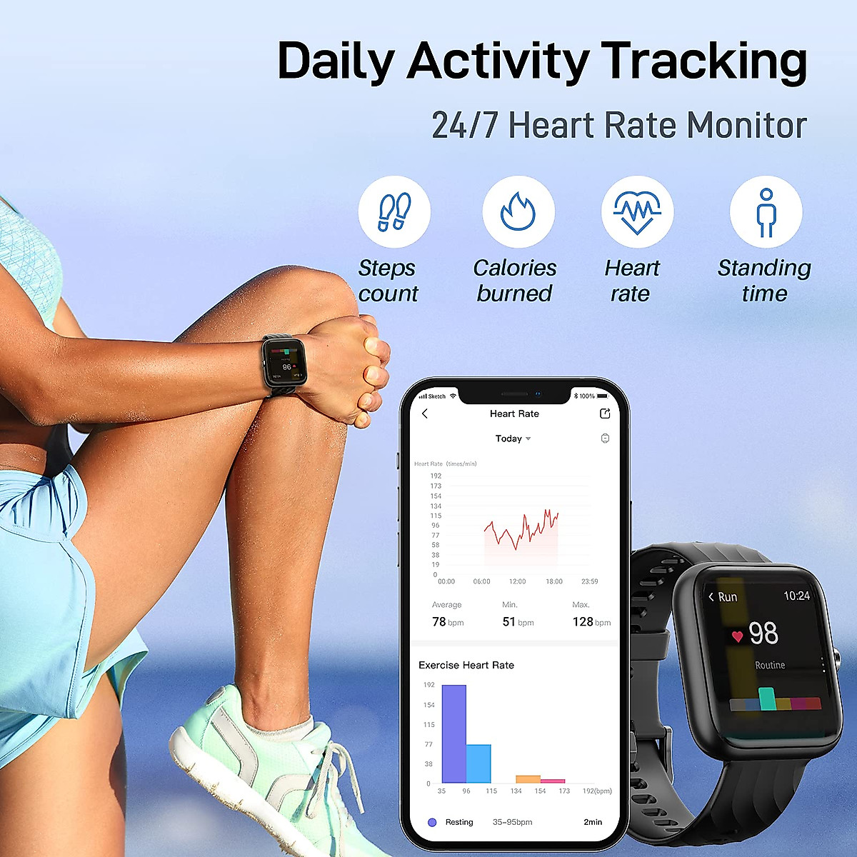 Smart Watch, 1.5 Inch HD Touch Screen Fitness Watch，18 Sport Modes IP68 Waterproof Fitness Tracker with Heart Rate Tracker Blood Oxygen Sleep Monitor, for iPhone Android Men Women