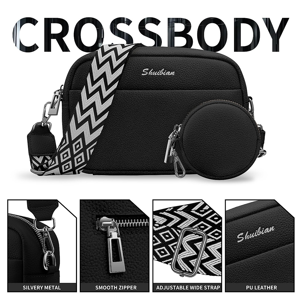 SHUIBIAN Genuine Leather Crossbody Bag for Women Detachable Coin Purse Wide Strap Shoulder Bag Camera Crossbody Purse