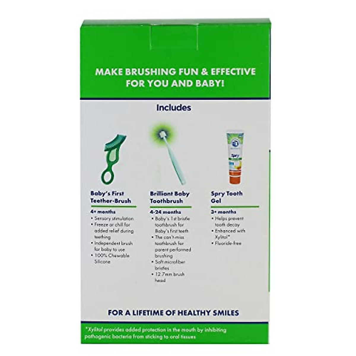 First Teeth Oral Care Kit by Brilliant Oral Care- Set has Baby's 1st Teether-Brush, Brilliant Baby Toothbrush and 2oz Spry Xylitol Tooth Gel, Infants Age 4 Months Old and Up, Baby Must Haves, Blue