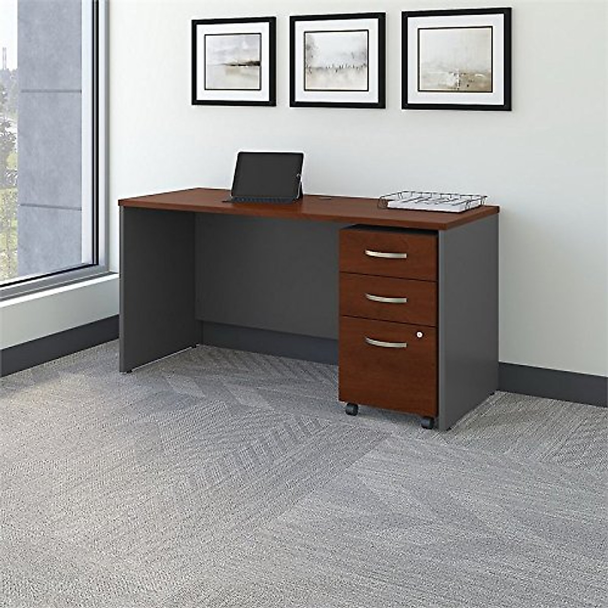 Bush Business Furniture Series C 60W x 24D Office Desk with Mobile File Cabinet in Hansen Cherry
