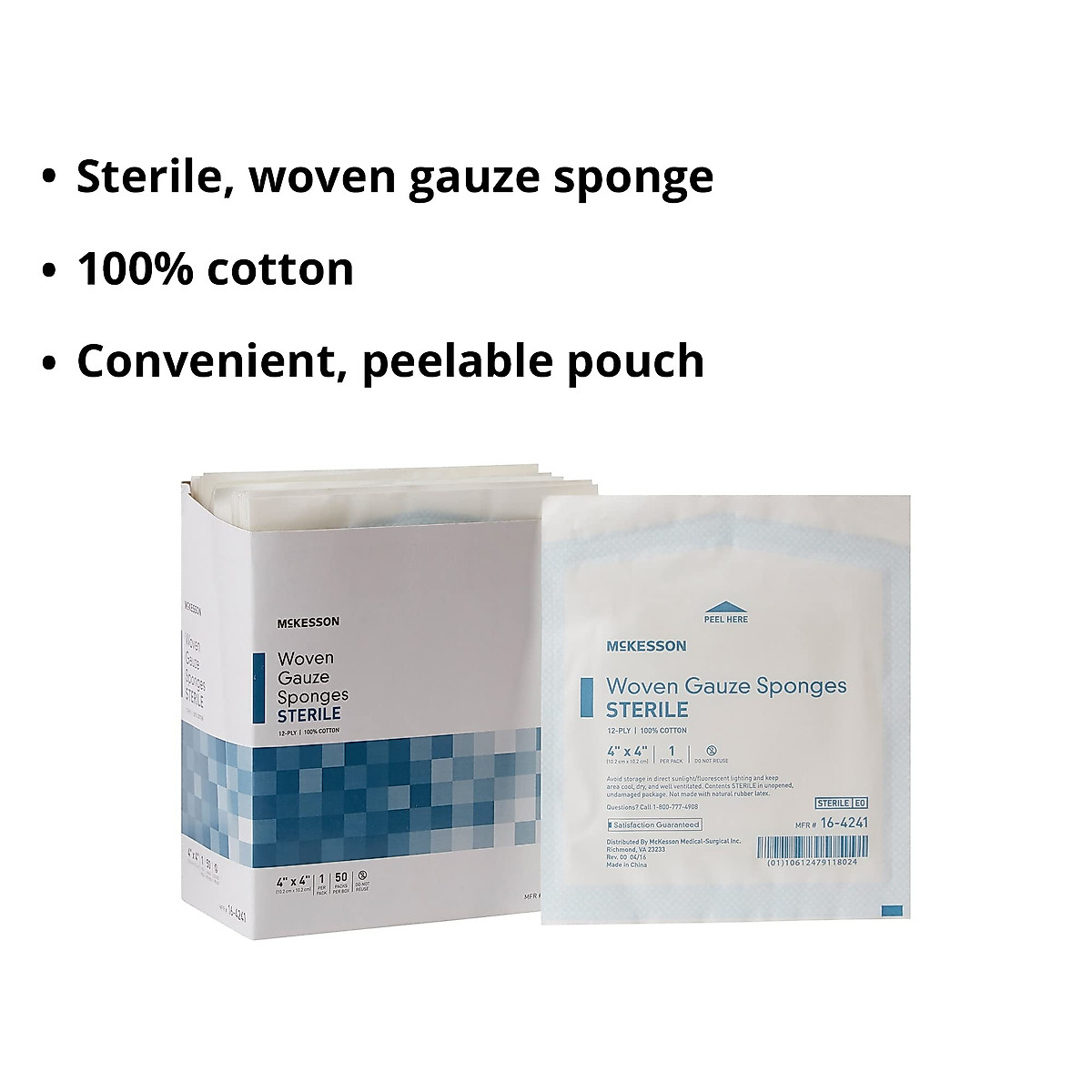 McKesson Woven Gauze Sponges, Sterile, 12-Ply, 100% Cotton, 4 in x 4 in, 50 per Pack, 1 Pack